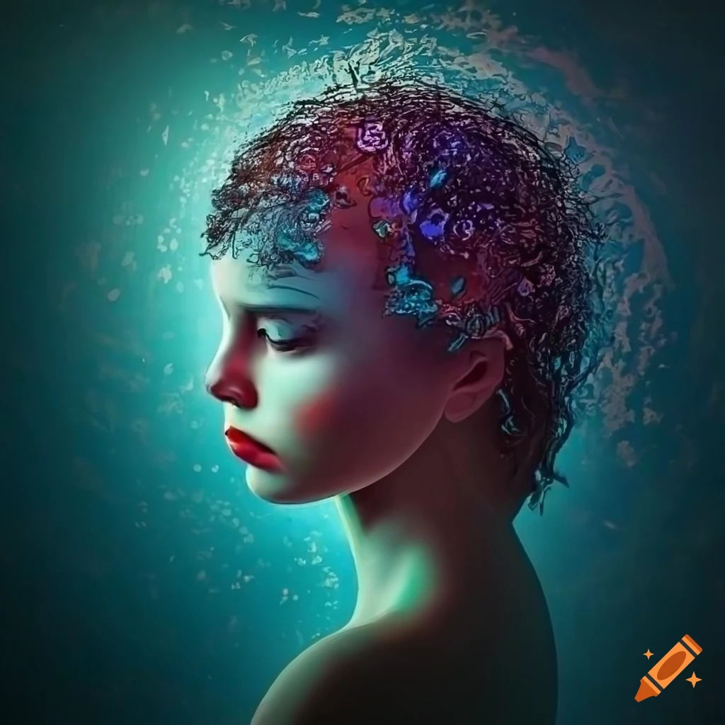 Abstract image of a woman's face deep in thought with hints of nature ...