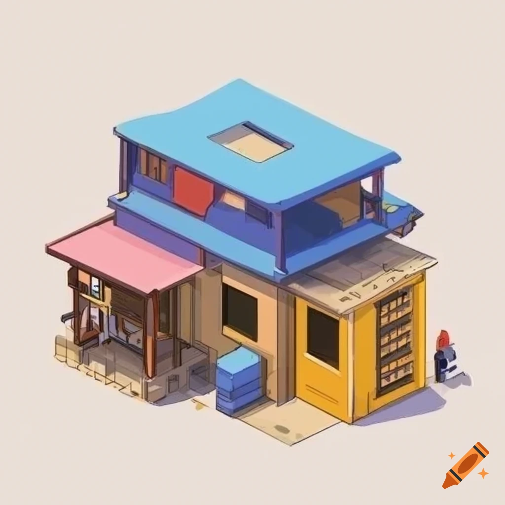 Isometric drawing of a one-story building with a well-organized ...