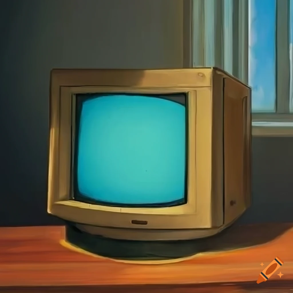 Oil painting of a 90's CRT monitor on a wooden table with sunlight ...