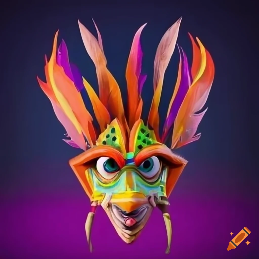 Vibrant and intricate Sumarian wooden mask with a feather crown on Craiyon