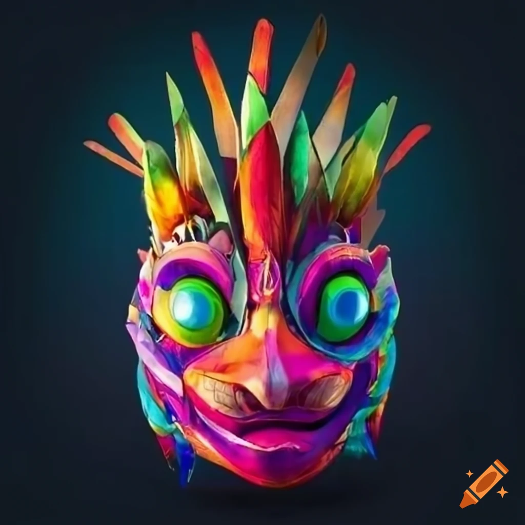 Intricately detailed Sumerian wooden mask with feather crown on Craiyon