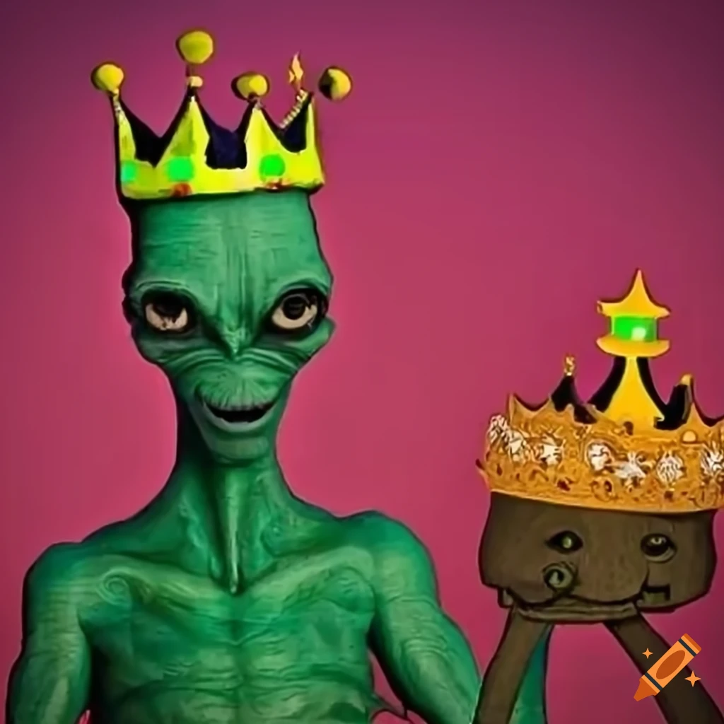 Illustration of a friendly giant alien king on a castle aiming at sheep ...