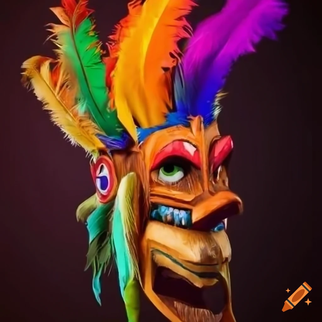 Sumarian wooden mask with feather crown in a contemporary crash ...