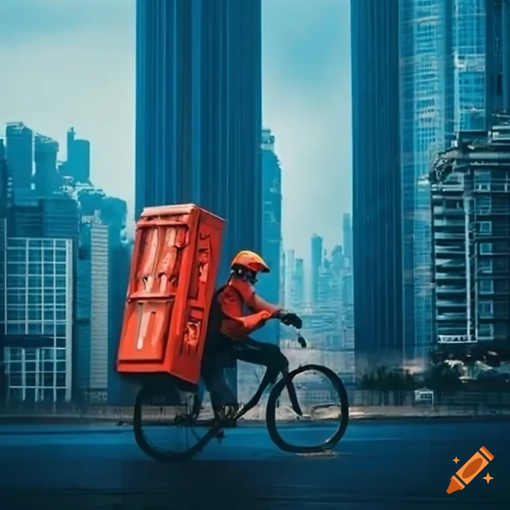 Delivery workers among high-rise buildings in a chinese city on Craiyon