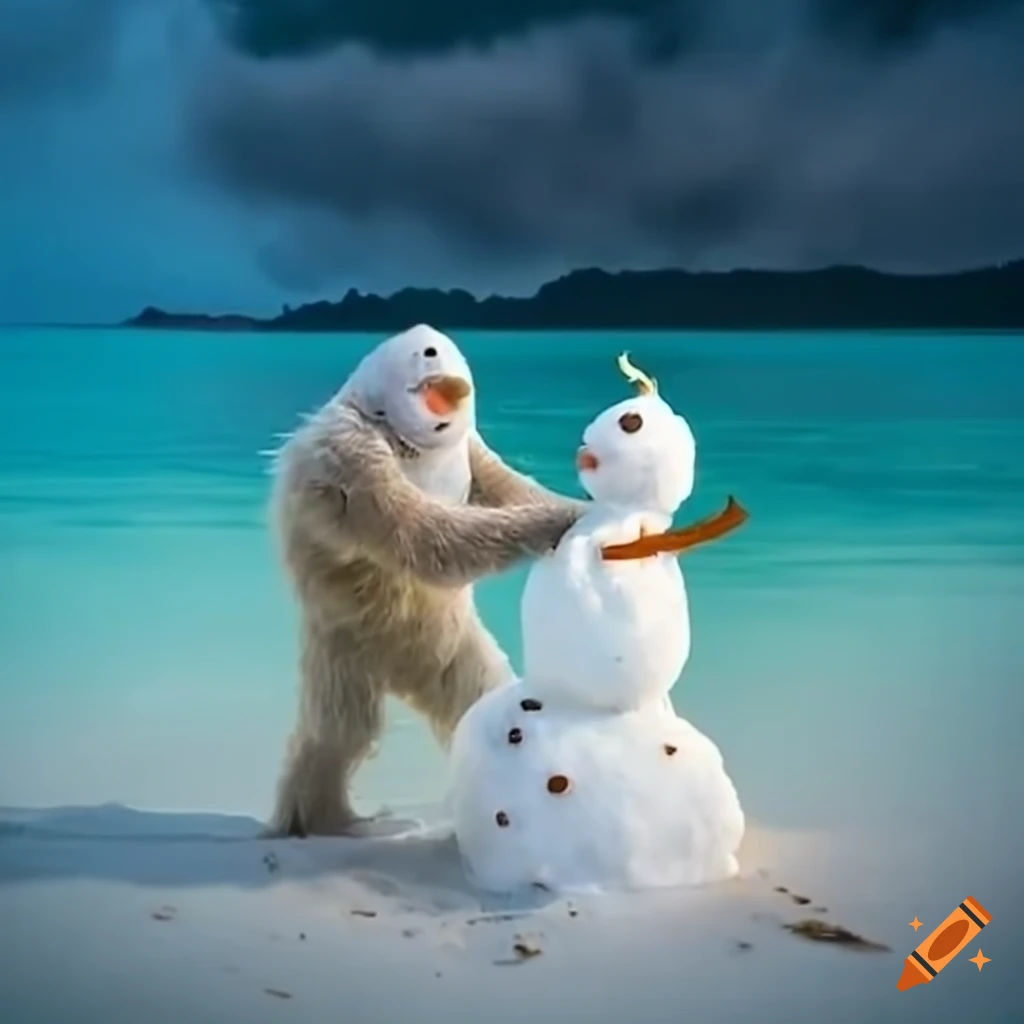 Snowman and yeti battling on a tropical beach on Craiyon