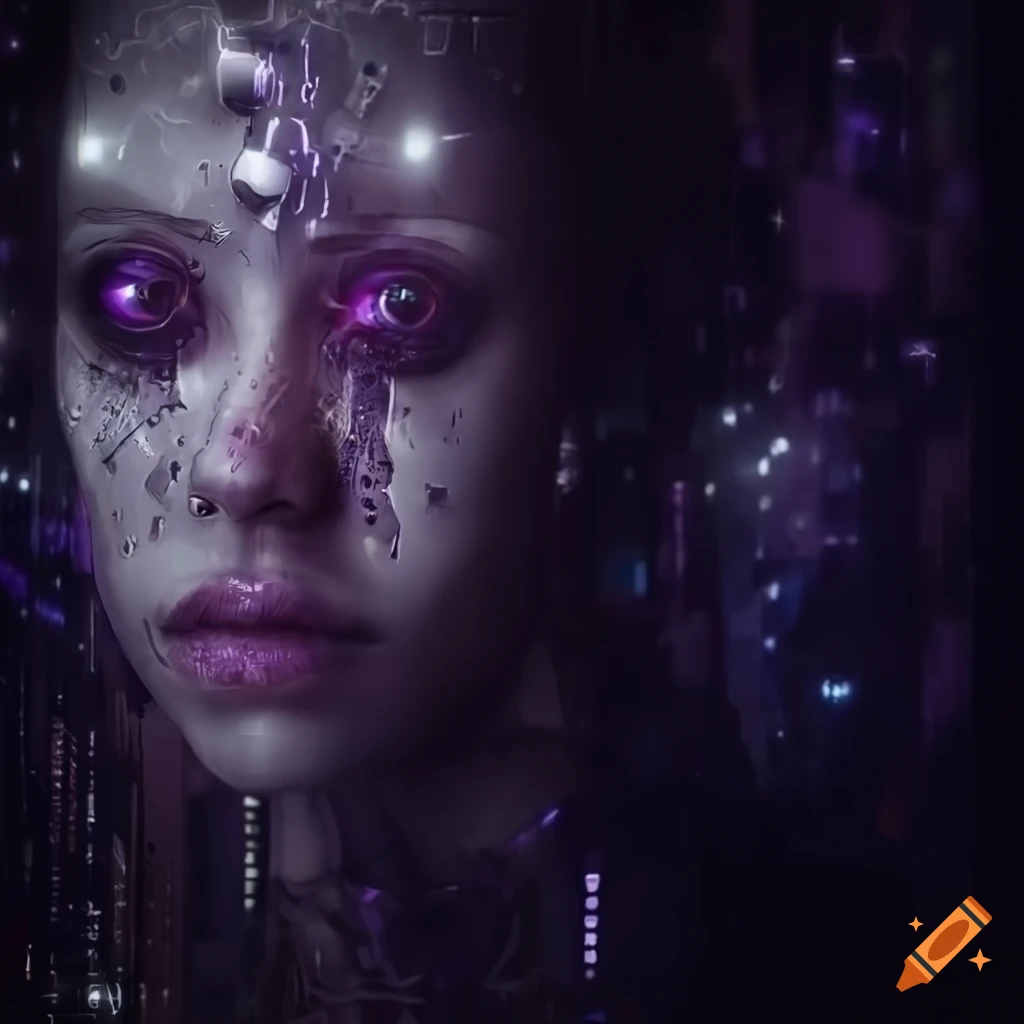 Close-up of a female cyborg goddess in a dark cyberpunk cityscape on Craiyon