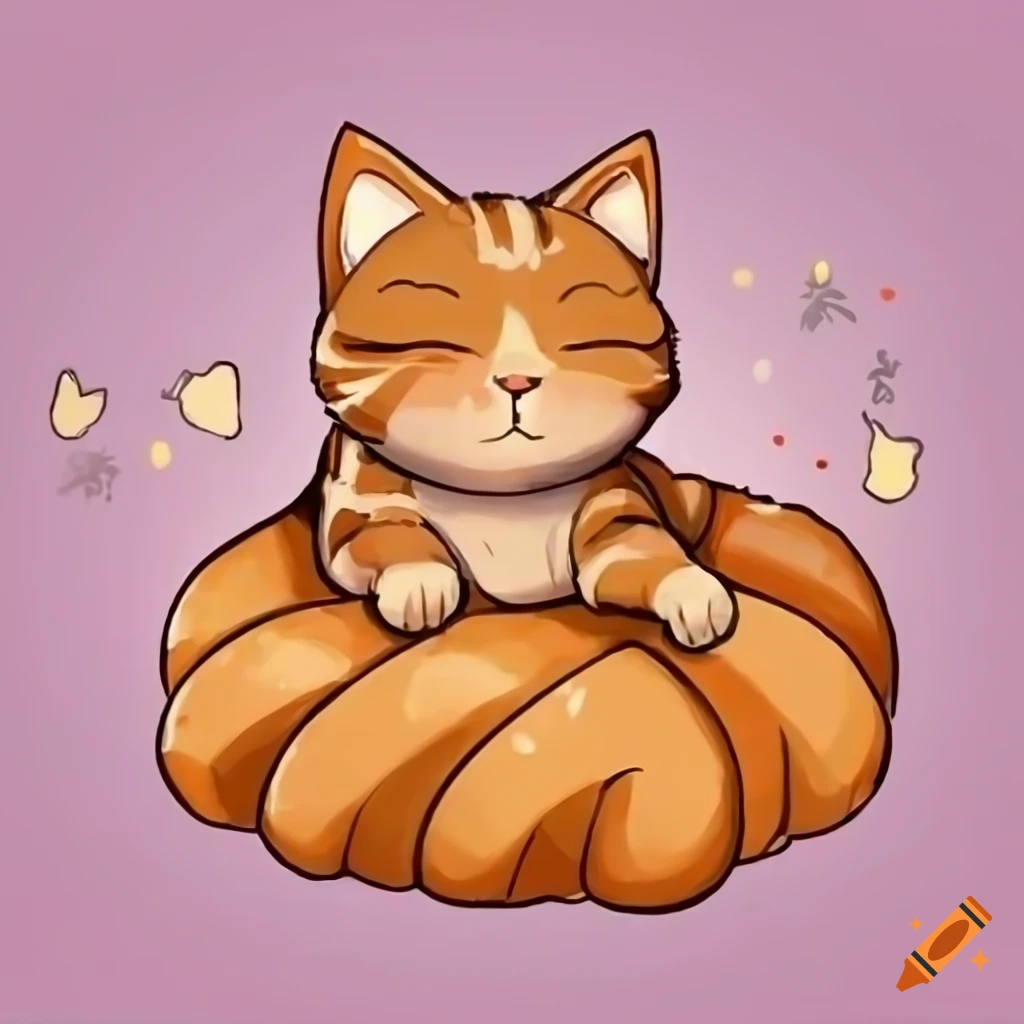 Chibi anime-style orange tabby cat sleeping on a croissant with cute ...
