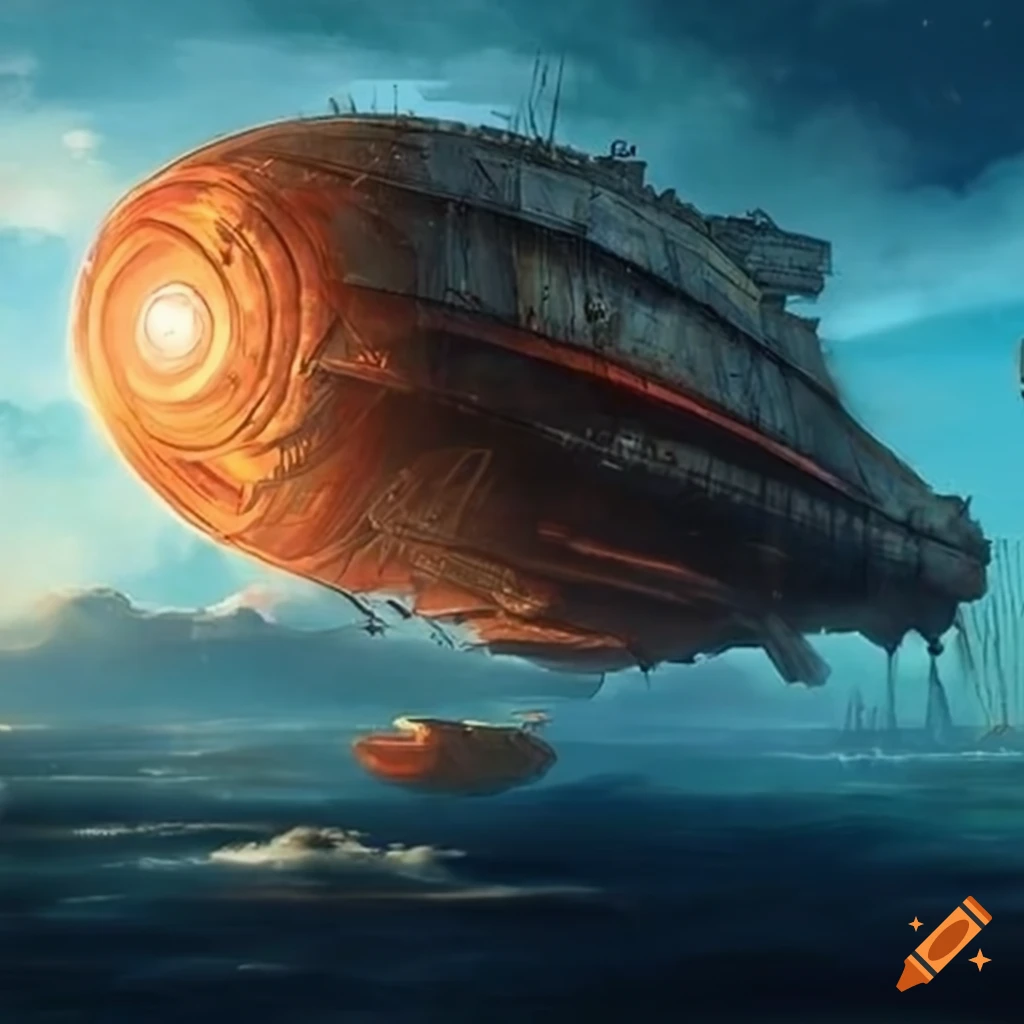 Large battleship flying with canadian flag and dieselpunk airships in ...