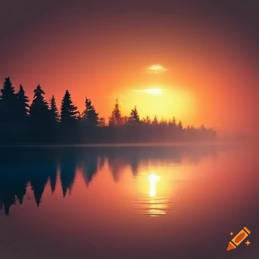 Beautiful sunset with a distant lake, boat, and forest view on Craiyon