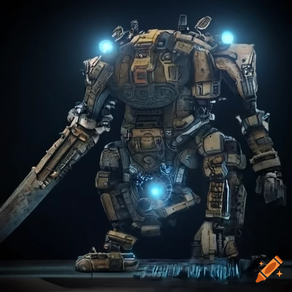 Steampunk mech with clockwork details and brass sword in blue mist on ...