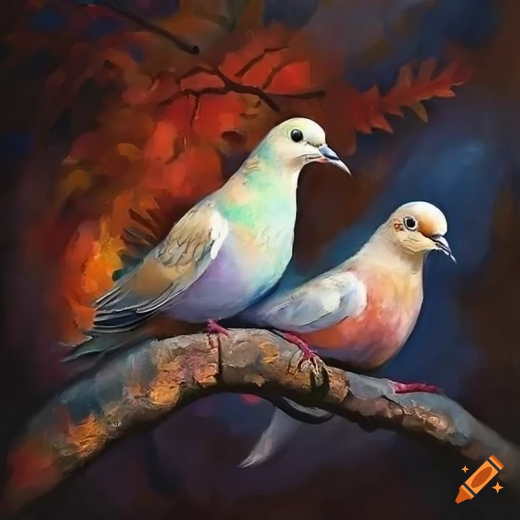 Passionate doves on a tree branch in a vibrant painting on Craiyon