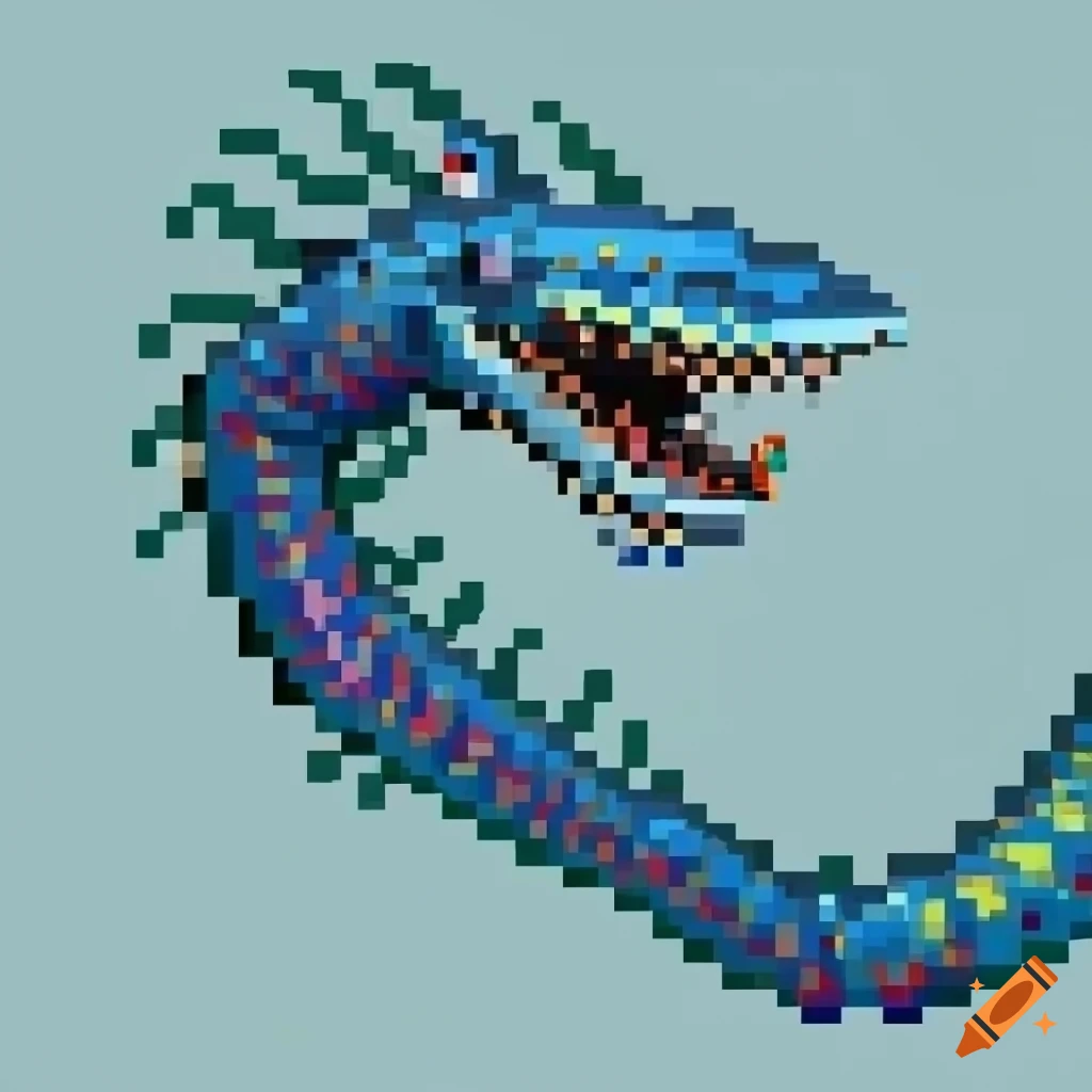 Pixel art of a giant evil sea serpent with a shark tail on Craiyon