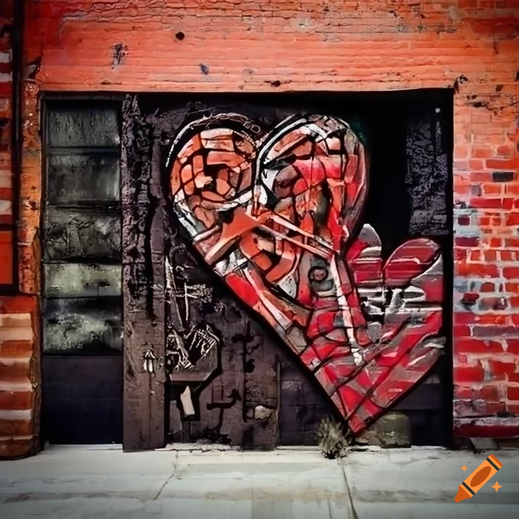 Grunge urban wall with punk-style graffiti hearts on Craiyon