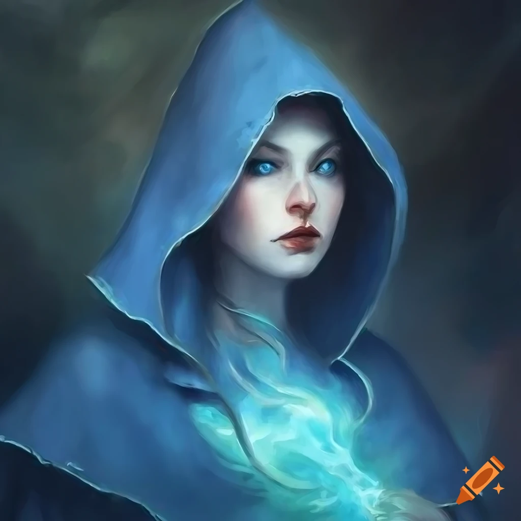 Blue female medieval hood sorceress casting spells in a magic tower ...