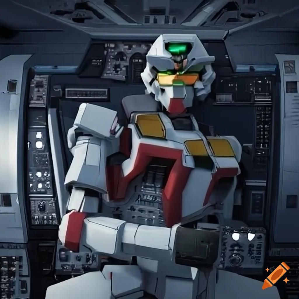 Detailed design of a Mecha Gundam with a pilot in the cockpit on Craiyon