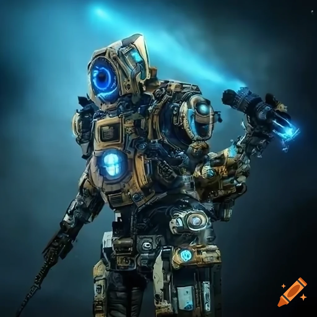 Steampunk fusion of Titanfall's titan with blue mist on Craiyon