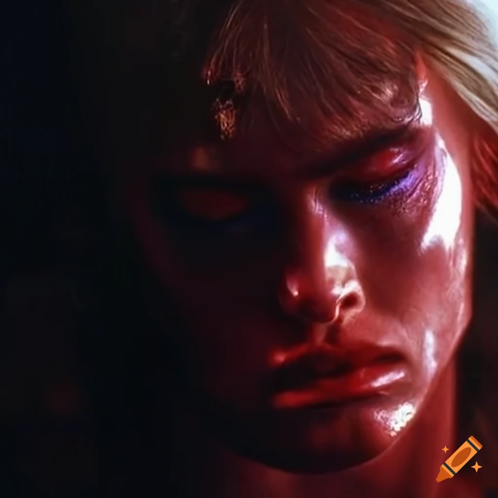 Expressive closeup of dizzied and bruised female fighter from an 80's ...