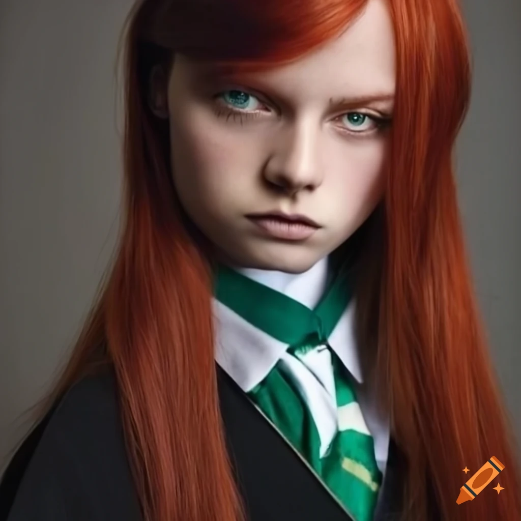 Seventh-year hogwarts student in slytherin uniform with dark red hair ...