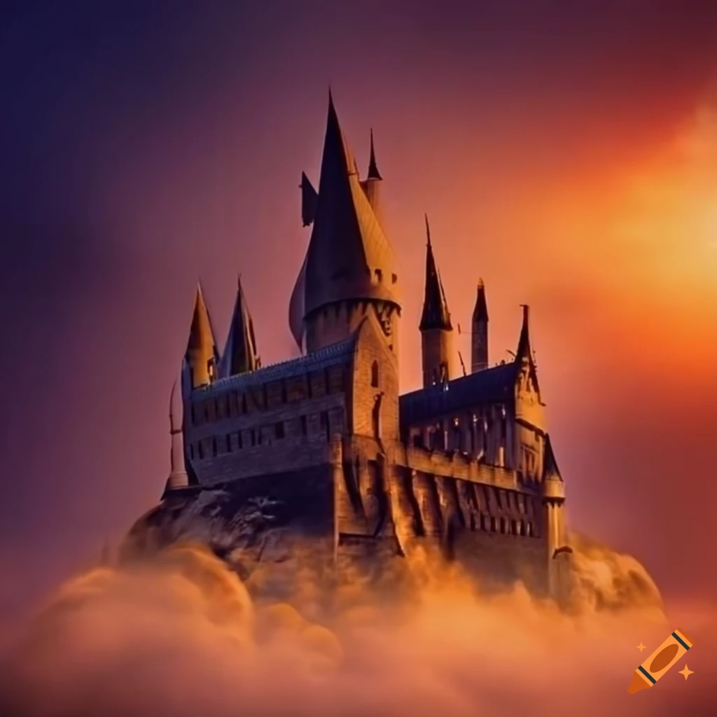 Enchanting view of Hogwarts castle at sunset with Quidditch pitch and ...