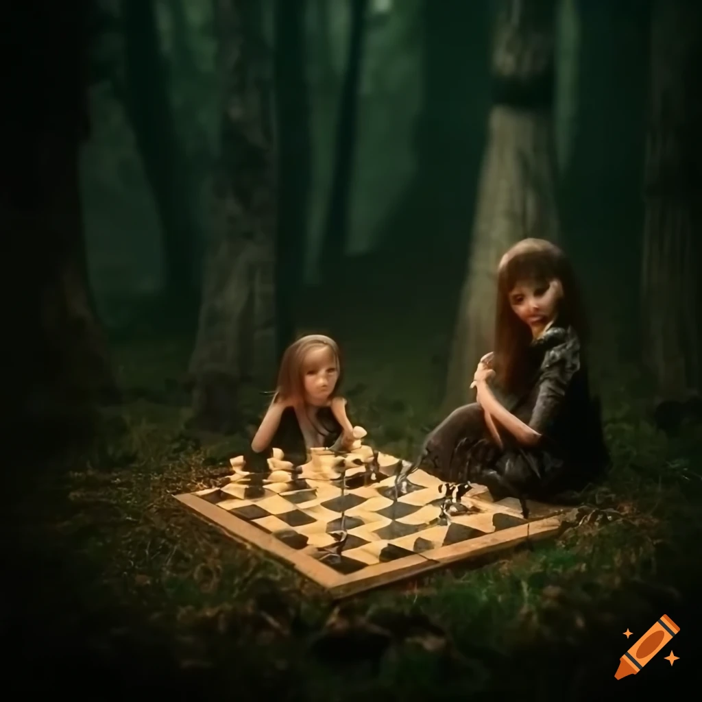 Kids playing chess in a gothic forest under moonlight on Craiyon