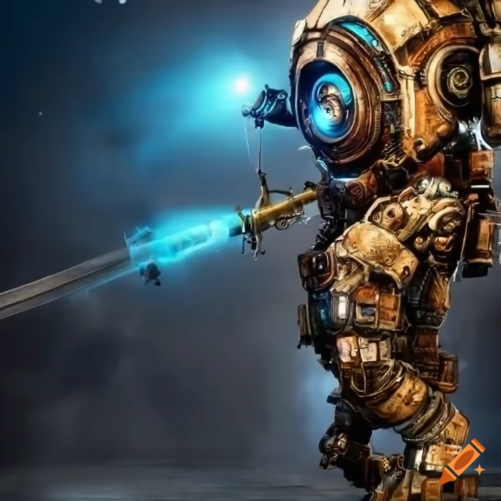 Steampunk Titanfall's titan with brass sword and blue mist on Craiyon