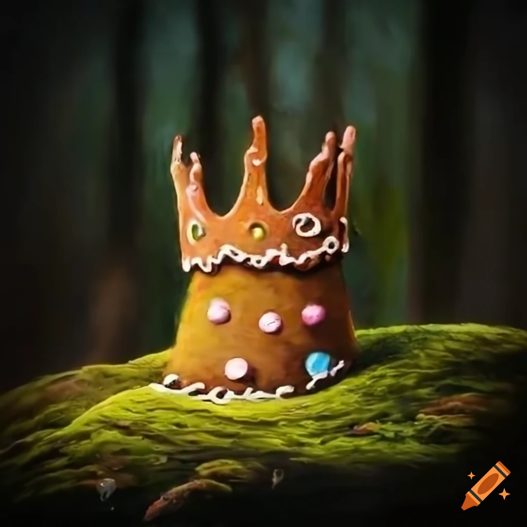 Enchanting gingerbread crown on a mossy rock in a dark forest on Craiyon