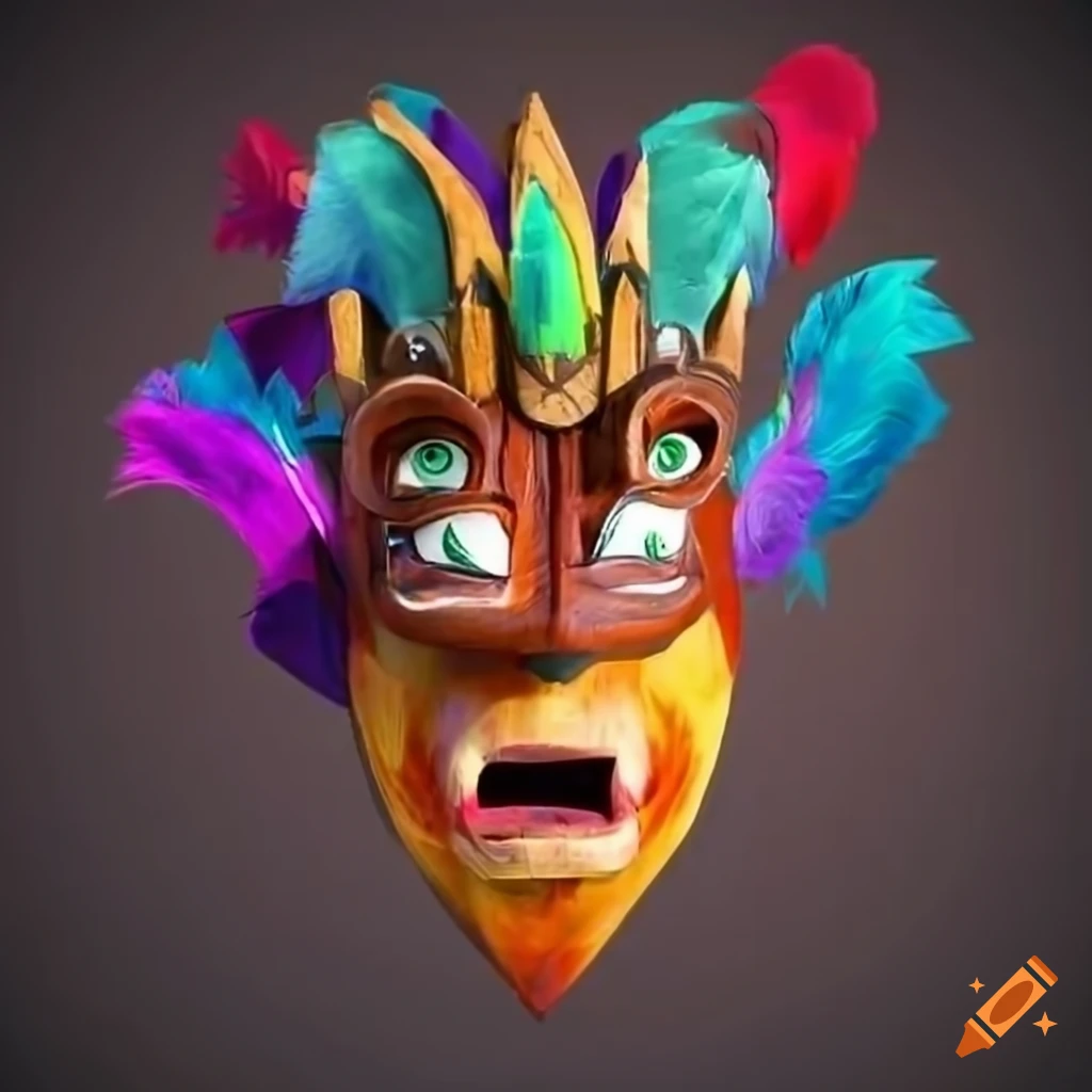 Vibrant Sumerian wooden mask with feather crown and symbolic details in ...