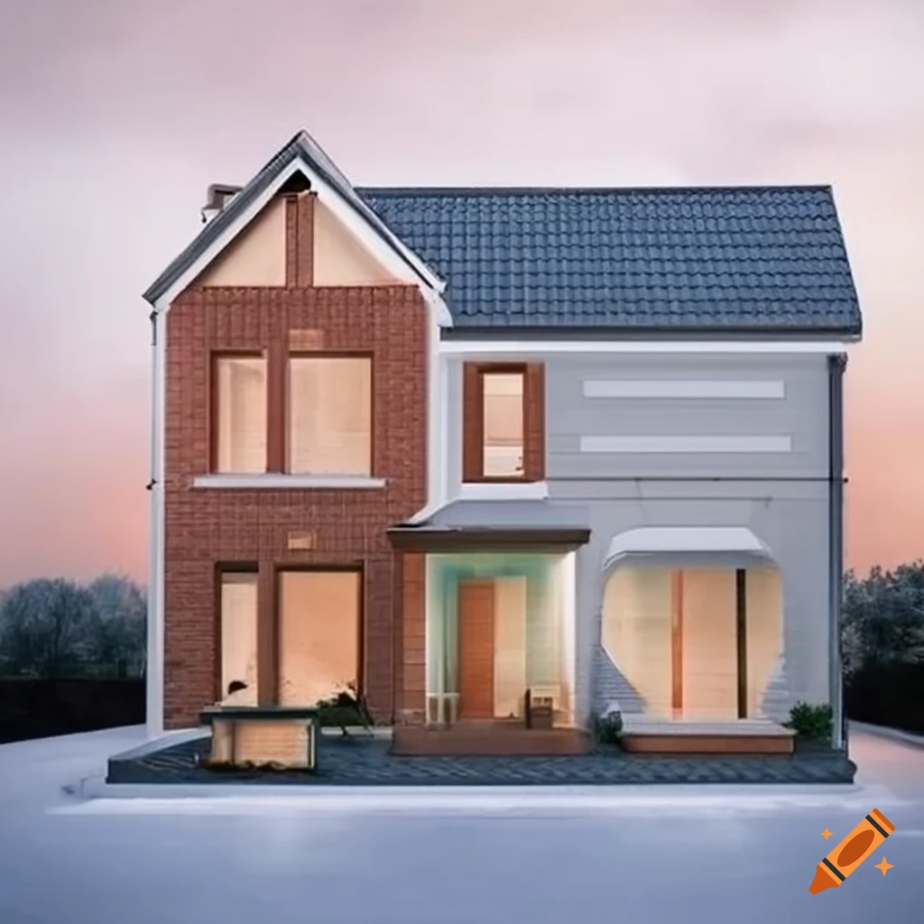 Two storey brick nogging house painted light grey on Craiyon