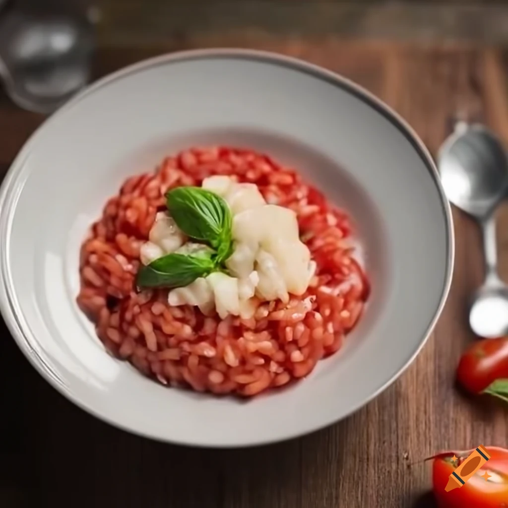 Delicious risotto with tomatoes, creamy mozzarella, and basil on Craiyon