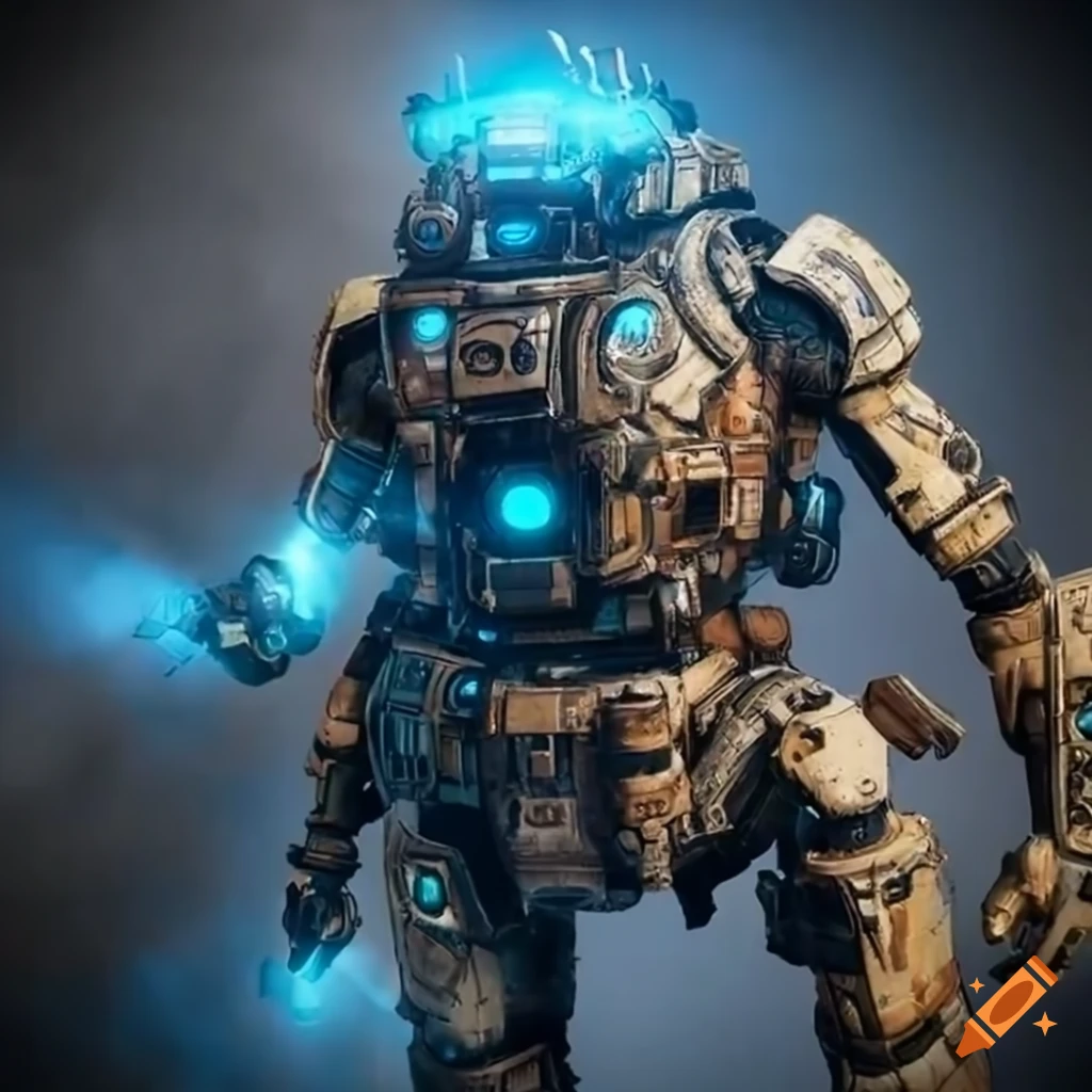 Steampunk fusion of Titanfall's titan with blue mist on Craiyon
