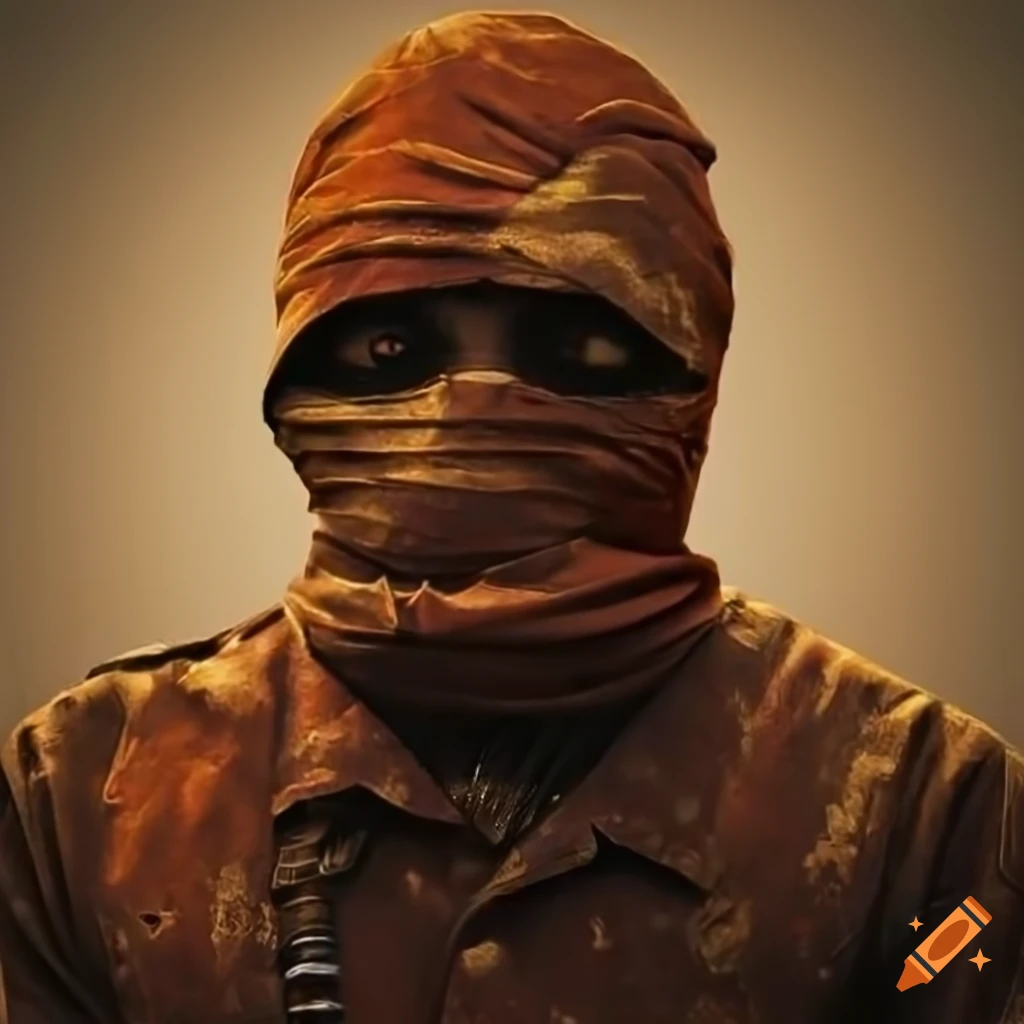 Person with bandaged face and one visible eye, rusty look with Indian ...