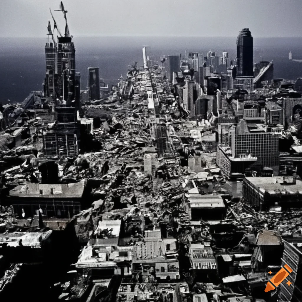 Post-apocalyptic 1980's american-like city after nuclear devastation on ...