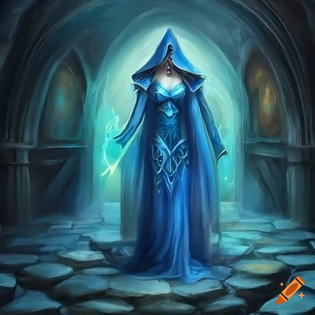 Blue female sorceress near a magic portal in a well of light energy in fantastical setting on ...