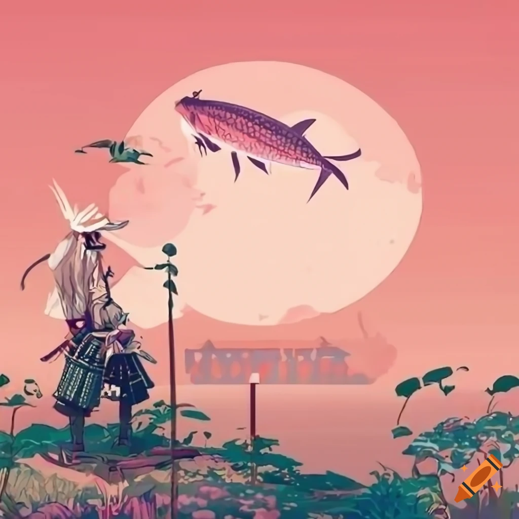 Anime-style poster of a samurai farmer and a fish god in a spacious ...