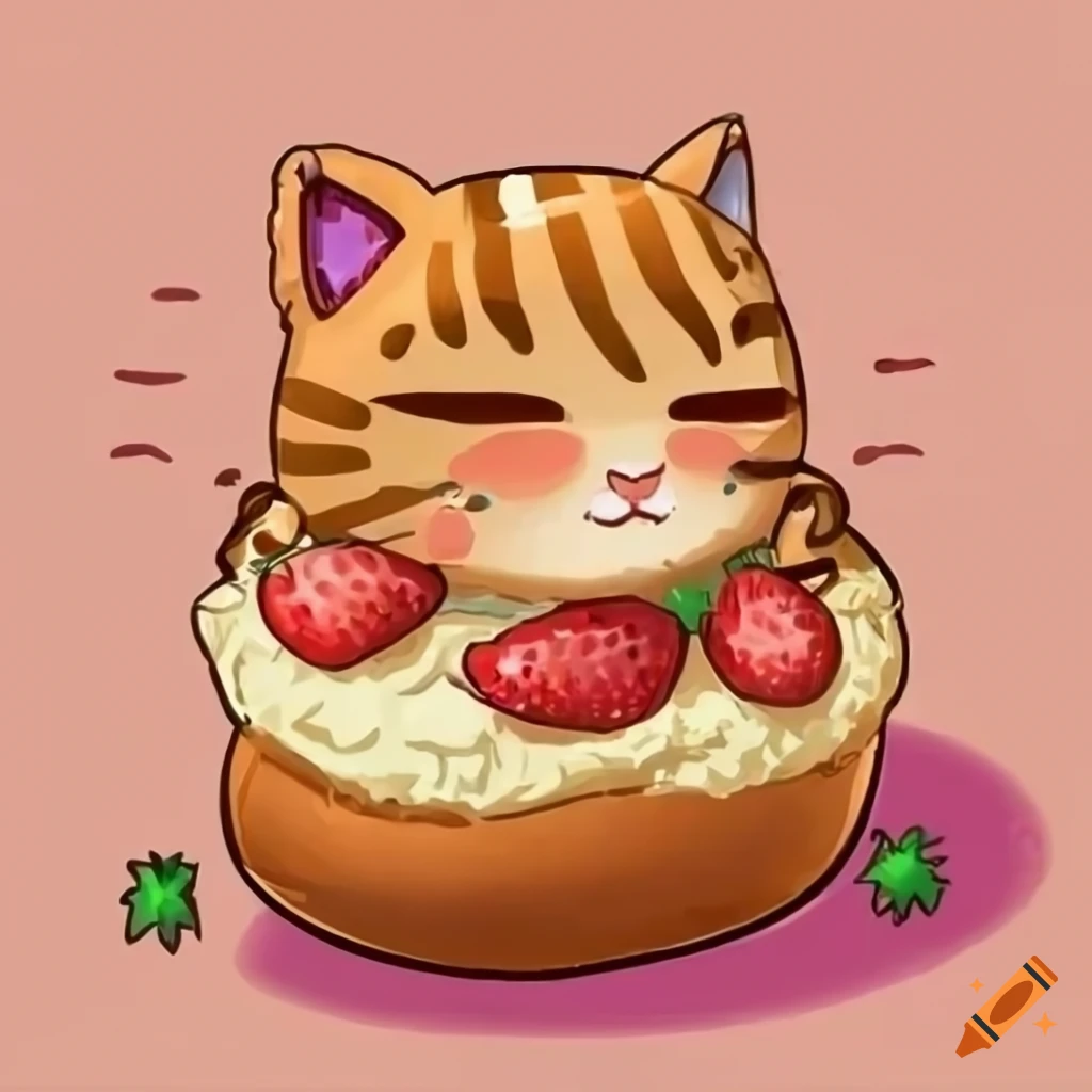 Chibi anime-style tabby orange cat sleeping on a brioche bun with ...