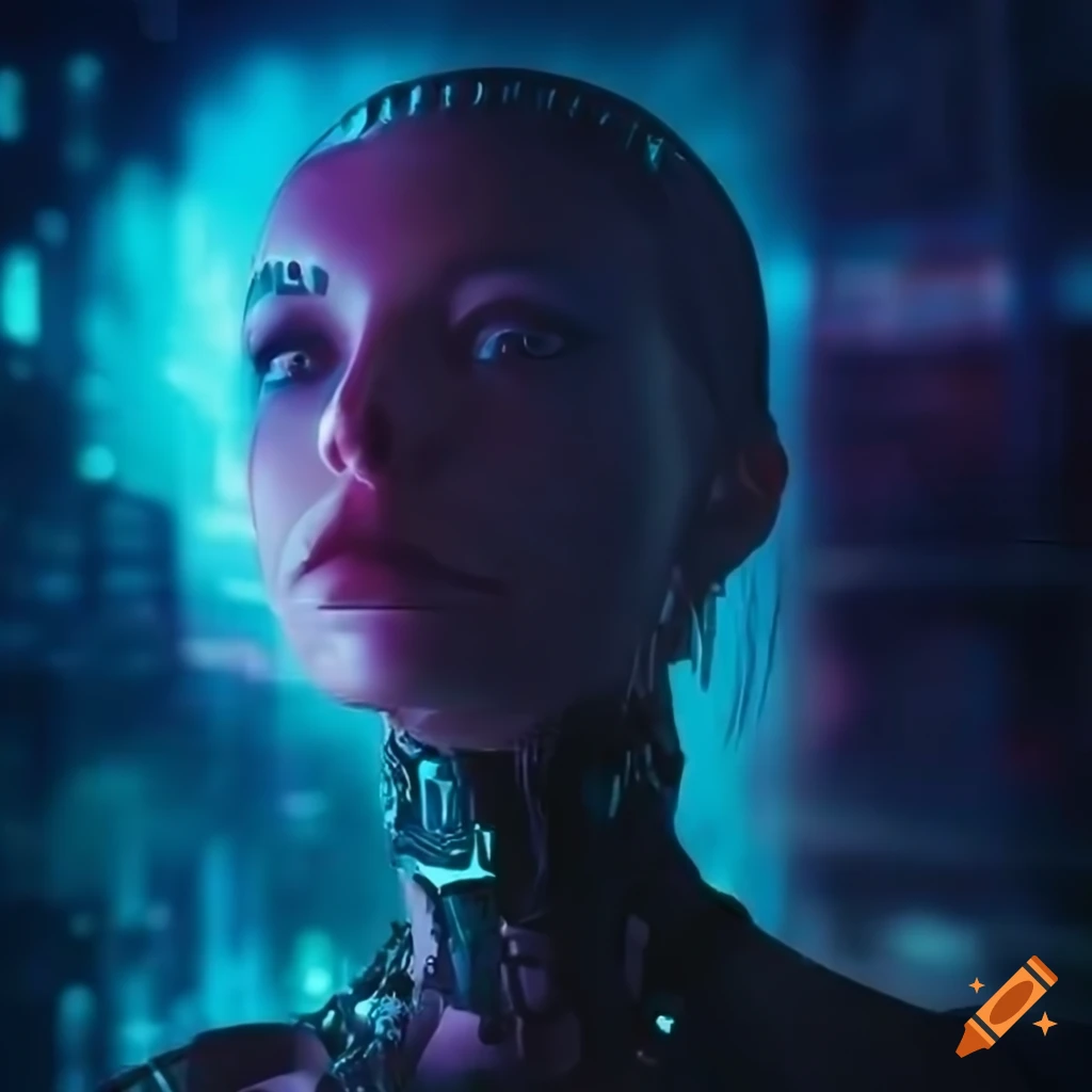 Close-up of a female cyborg goddess in a dark cyberpunk cityscape on ...