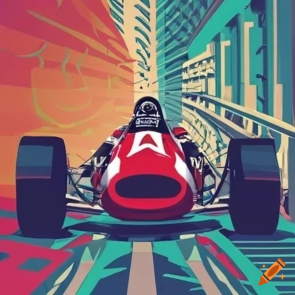 Vintage-style illustration of a formula 1 car racing in the monaco ...