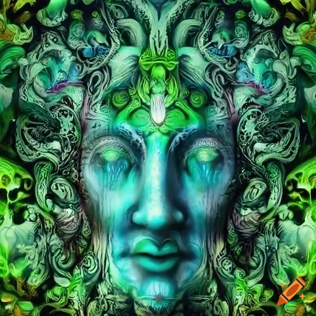 Magical green tree spirit with elements of Mayan design on Craiyon