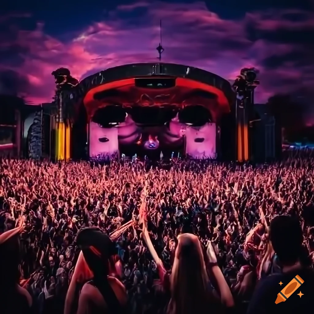 Crowded festival with a large DJ stage and speakers in high resolution ...