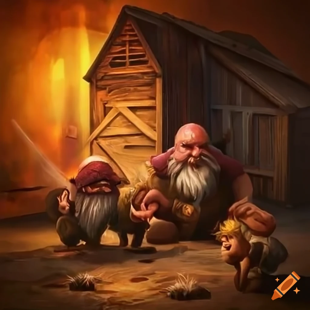 Two dwarves and a gnome exploring a barn on Craiyon