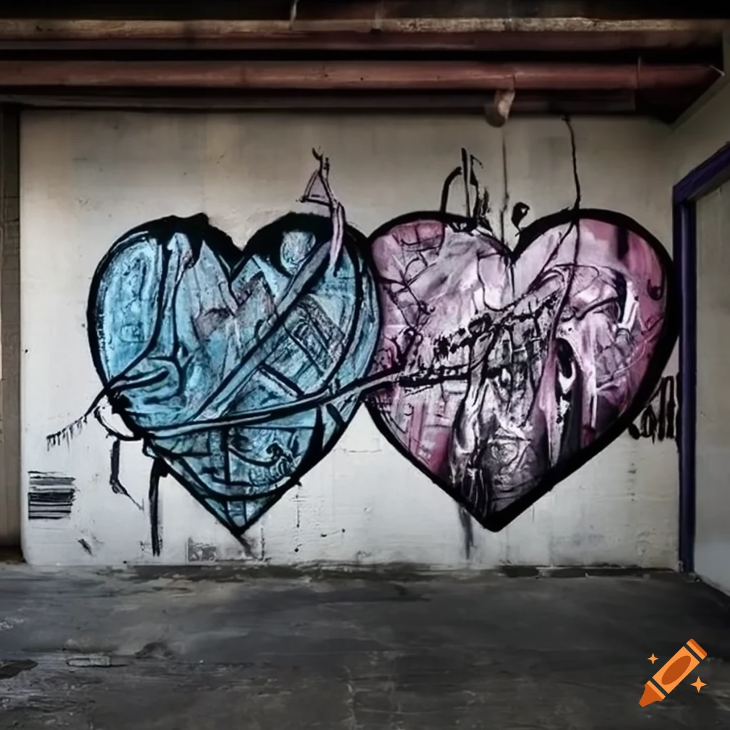 Run-down graffiti showcasing intertwined hearts in a punk style on Craiyon