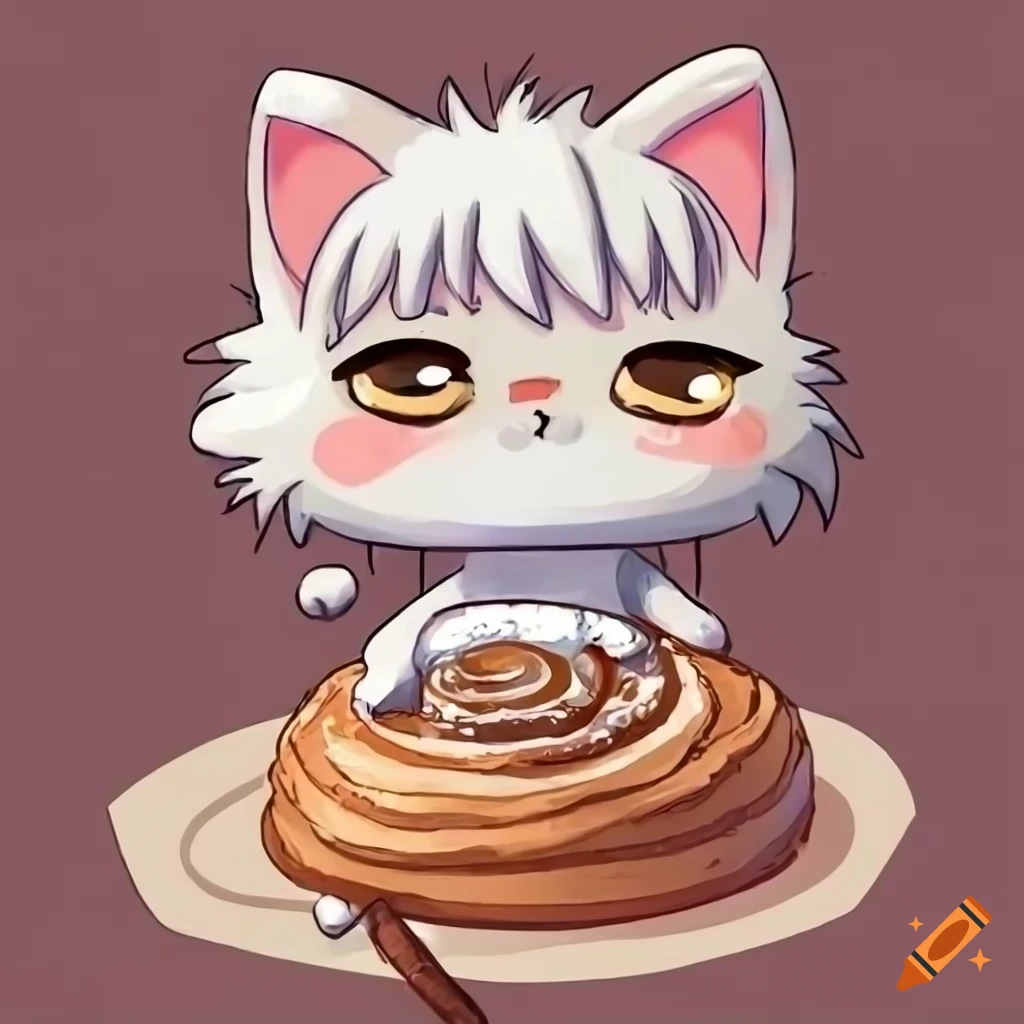 Chibi anime-style tabby white cat enjoying a cinnamon bun on Craiyon