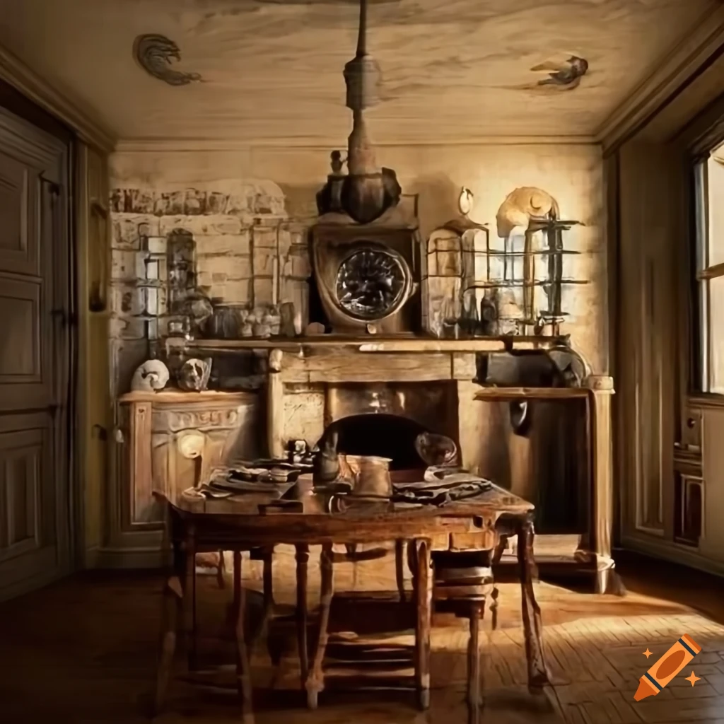 Large 18th-century castle kitchen with a central table on Craiyon