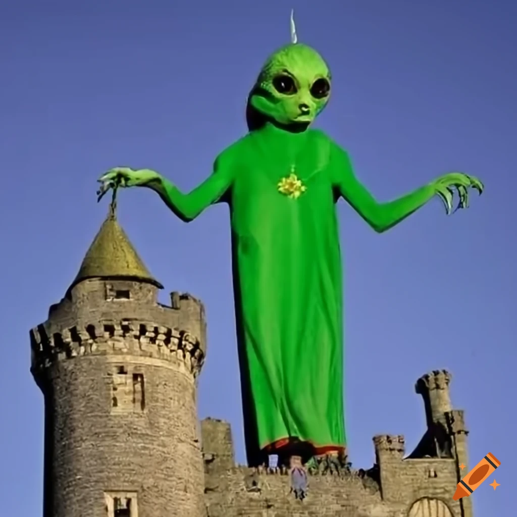 Tall alien resembling Jolly Green Giant as king on castle with sheep ...