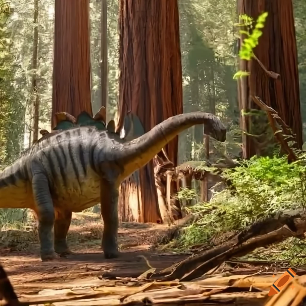 Stegosaurus fighting in a redwood forest at dawn on Craiyon