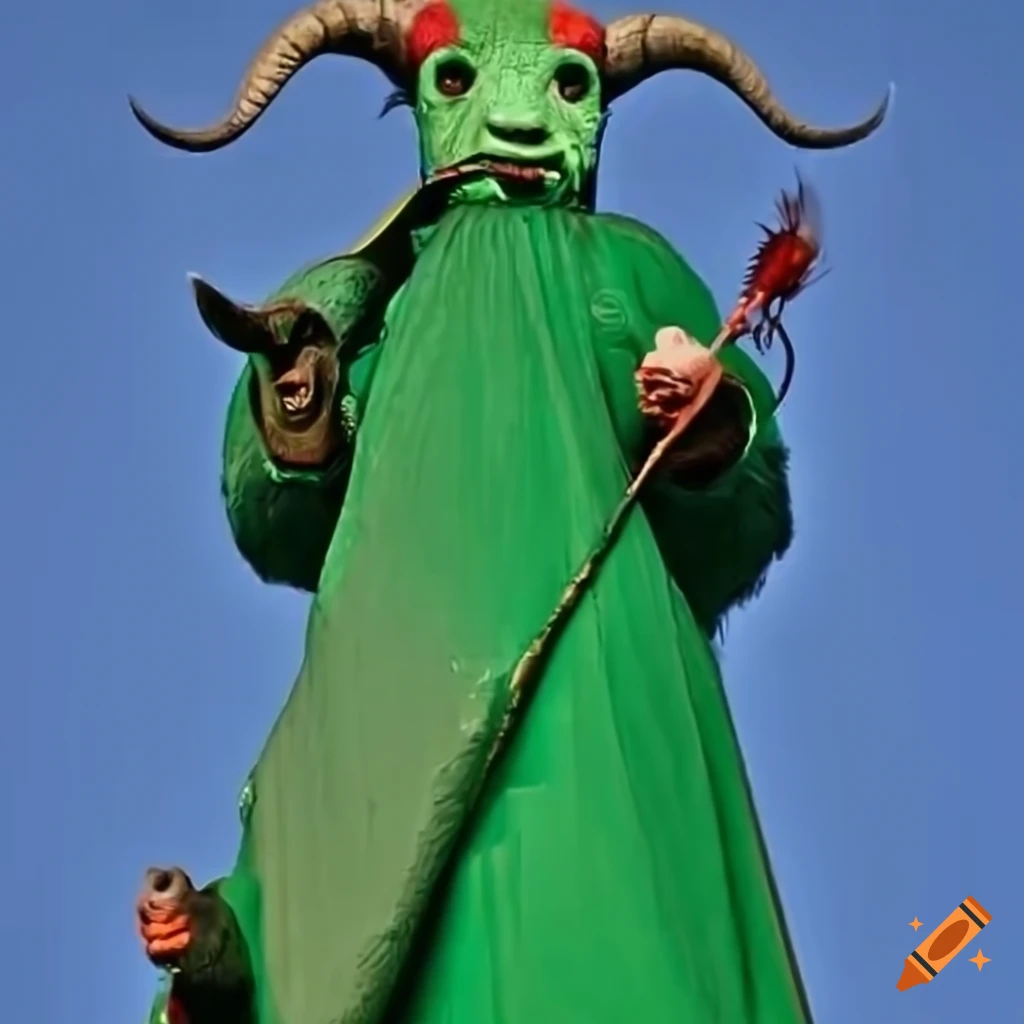 The jolly green giant as a tall alien goat king on a castle with sheep ...