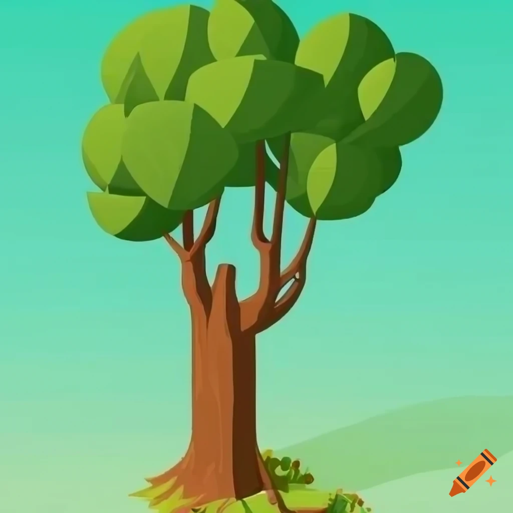 Isometric tree with split trunk and detailed leaves in a cartoony style ...