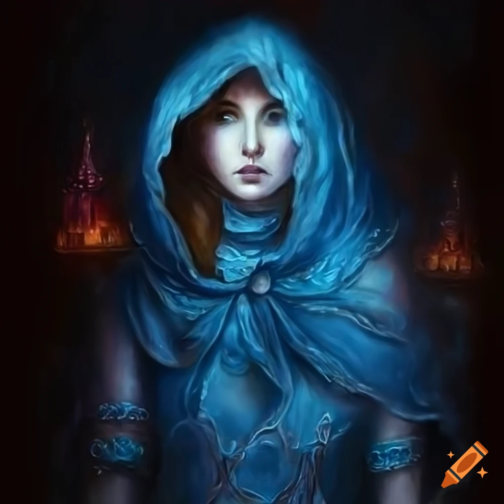 Blue female sorceress casting spells in a fantasy tower under vivid ...