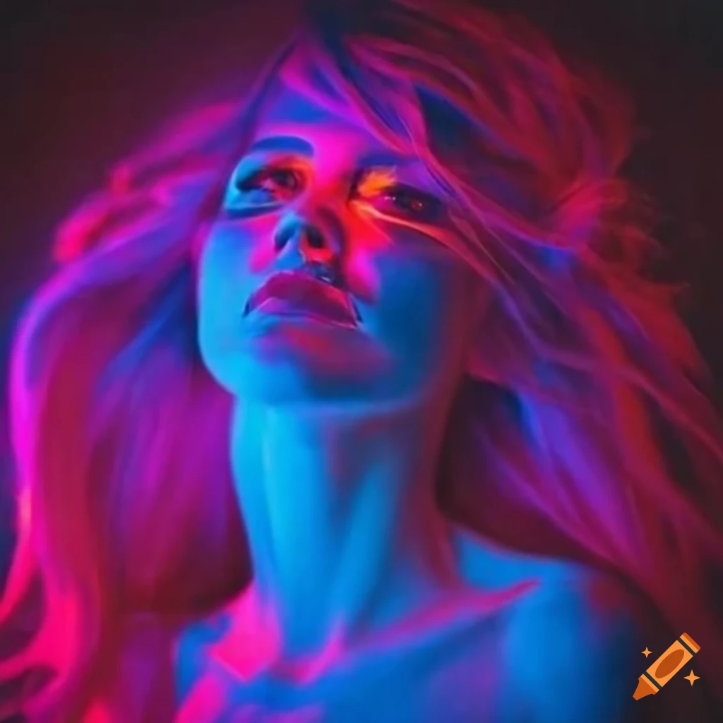 Blonde woman dancing in vibrant neon lights with third eye, beautiful ...