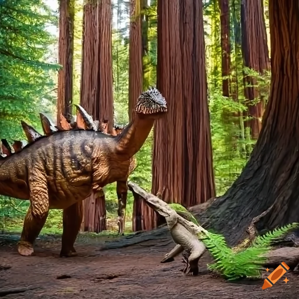 Stegosaurus fighting in a redwood forest at dawn on Craiyon